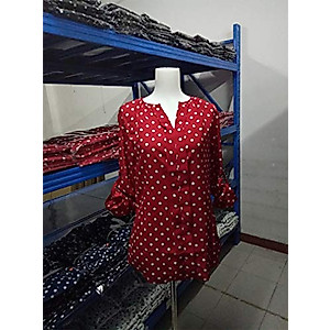 Andongnywell Women's Dots Roll Long Sleeve Blouse Shirt Dot Printed V-Neck Long Sleeve Ladies T Shirt (Red,6,3X-Large)