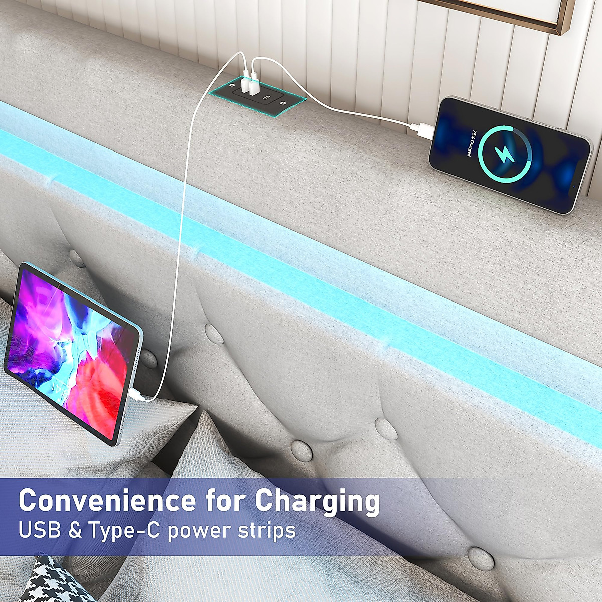 HOMFAMILIA Full Bed Frame with Headboard and Drawers, LED Bed Frame with Adjustable Storage & LED Lights Headboard, Upholstered Platform Bed with 2 USB Ports, No Box Spring Needed, Light Grey