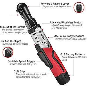 Durofix RW1210-32 G12 Series 12V Cordless Li-ion 3/8” 65 ft-lbs. Brushless Ratchet Wrench Tool Kit with 2 Batteries and Canvas Bag