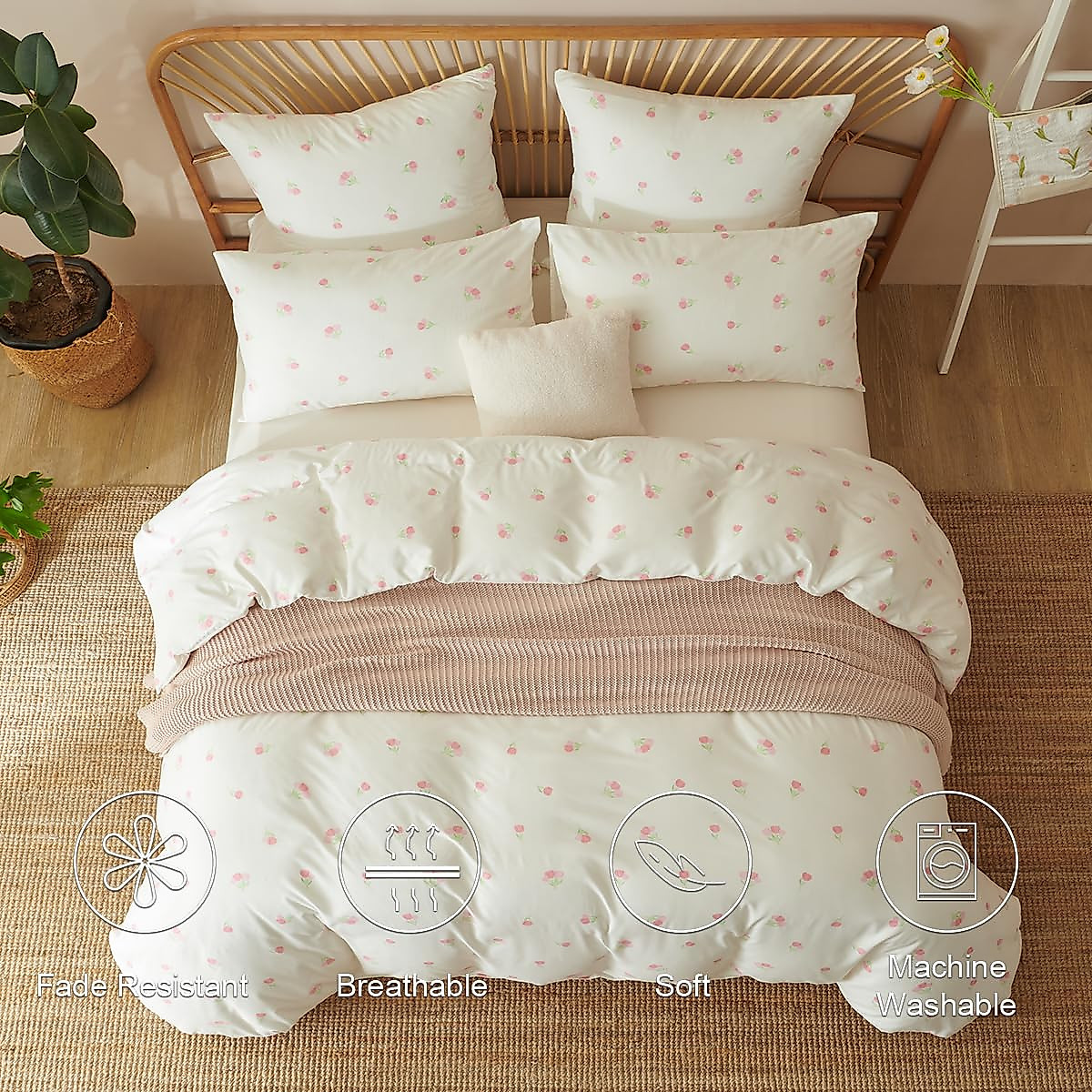Erwinmu Floral Duvet Cover Set Queen Size,White Pink Tulip Pattern Bedding Duvet Cover with Zipper Closure,Breathable Microfiber Comforter Cover 90"x90" and 2 Pillowcases 20"x30"
