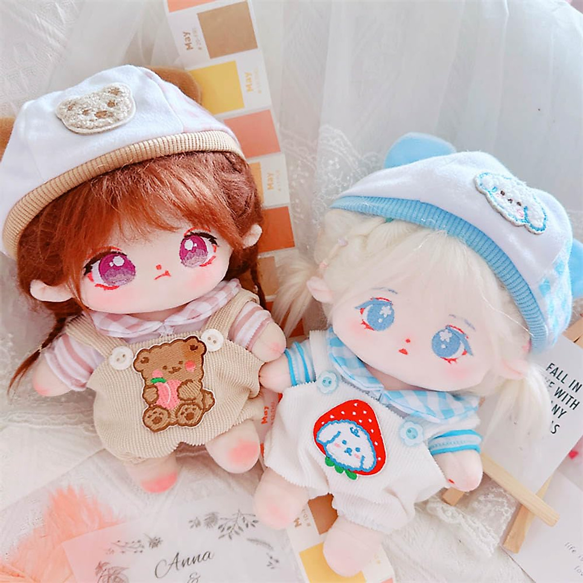 niannyyhouse 20cm Plush Doll Clothes Hat T-Shirt Overalls Milk Cover Set 8in Soft Stuffed Plush Toy Dress Up Accessories (Blue)