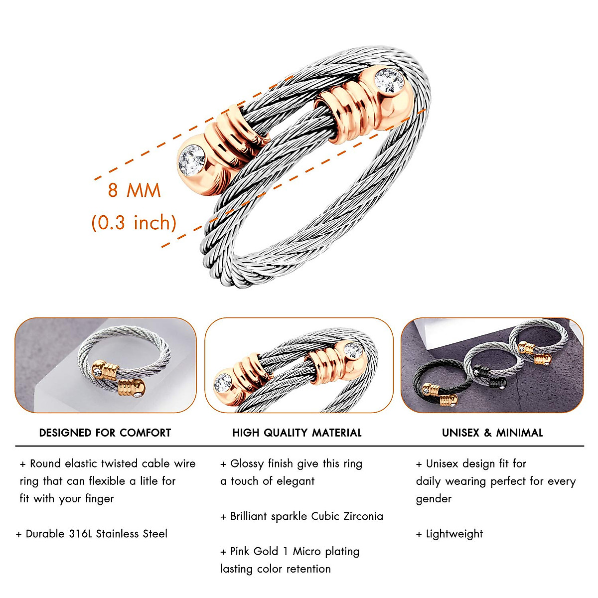555Jewelry Cute Stainless Steel Twisted Cable Adjustable Ring for Women & Ladies, Modern Sparky Cubic Zirconia Open Ring for Women, Stackable Womens Ring, Silver & Rose Gold