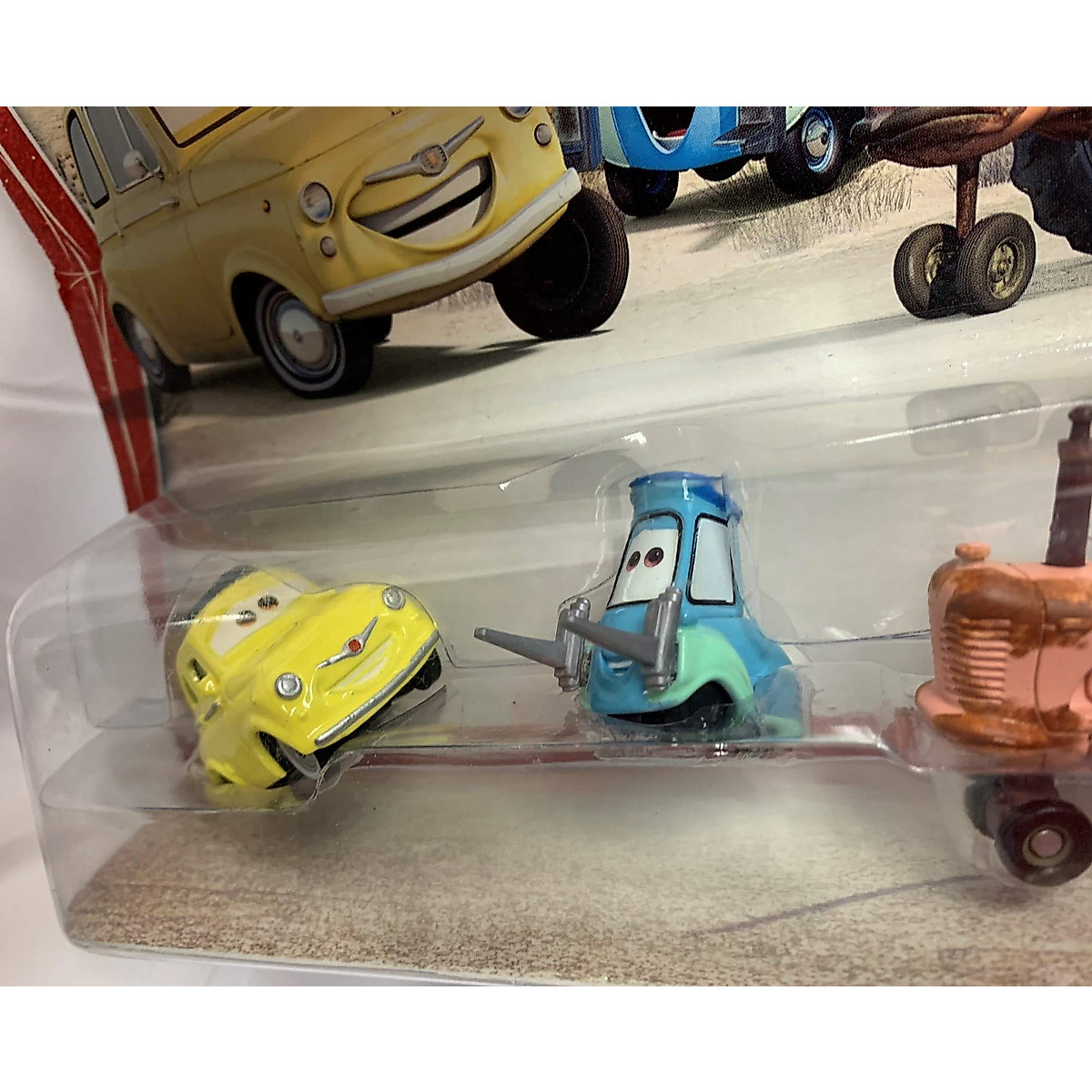 Disney Pixar Cars Luigi Guido & Tractor 1:55 Scale Die Cast Car on Original Desert Background Scene Card
