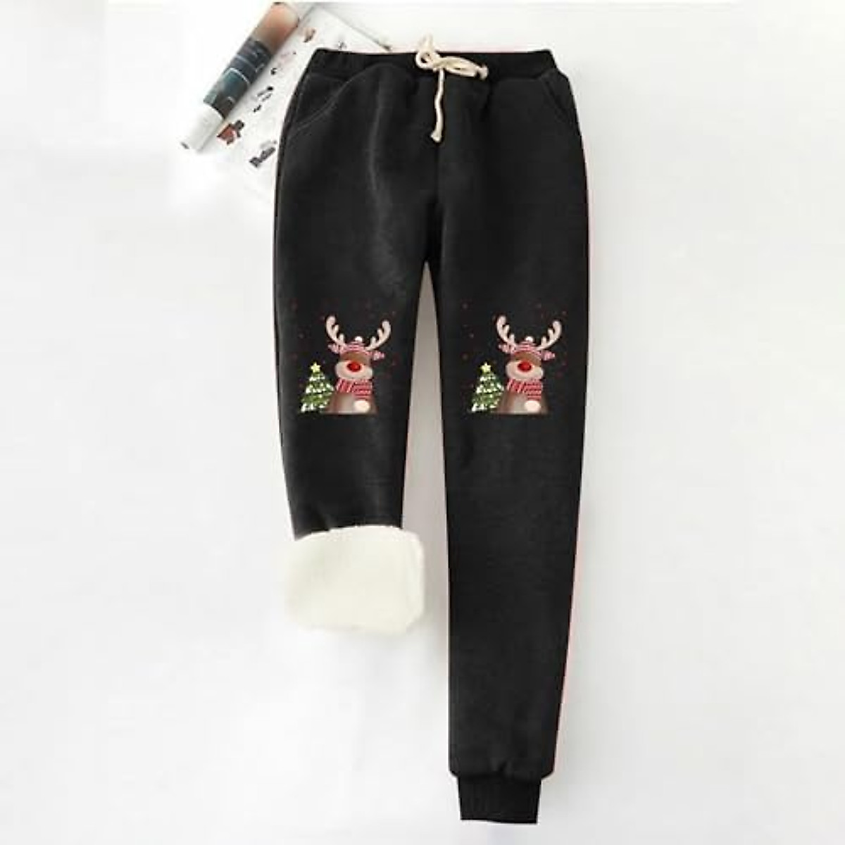 Plus Size Sweatpants,Reindeer Print Womens Sweatpants with Pockets Reindeer Print High Waisted Y2K Sweatpants Christmas Print Drawstring Plus Size Lounge Bottoms Black XL