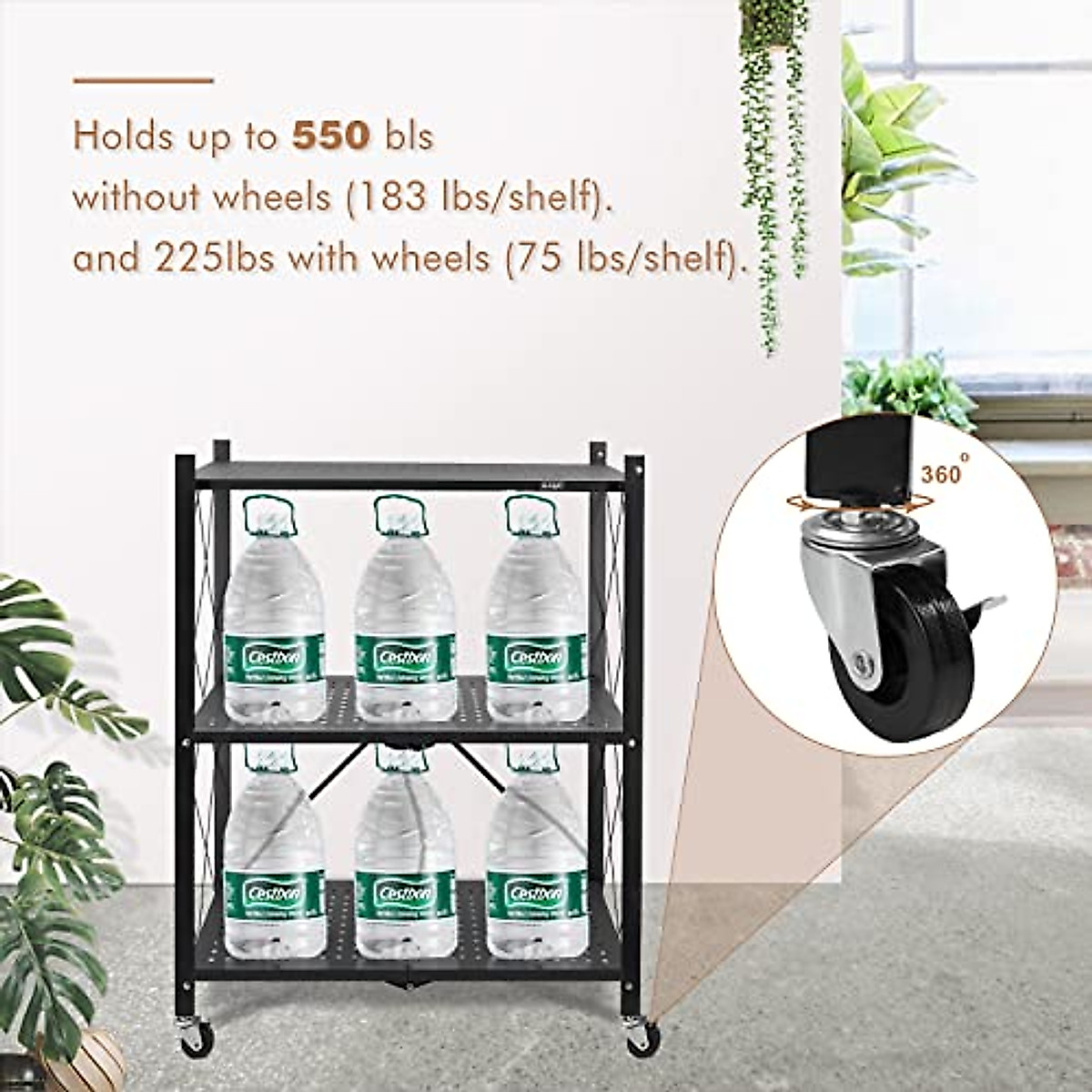 ALANNG Storage Shelves Heavy Duty on Wheels, 3 Tier Rolling Cart,Metal Shelving Units 28" W x 14" D x 35" H for Garage Kitchen Bakers, Metal Wire, Collapsible/Foldable Organizer Rack