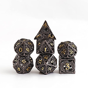 Hollow Metal D&D Dice Set with Gift Box, DND Role Playing Game D20 D12 D10 D8 D6 D4 Polyhedral Dice Set for Dungeons and Dragons Pathfinder Shadowrun Math Teaching RPG, Black Gold