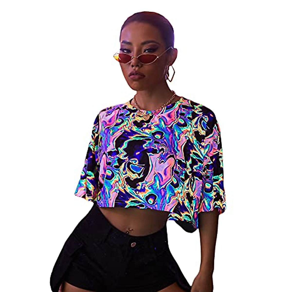 Floerns Women's Casual Reflective Short Sleeve Round Neck Crop Tops T Shirts Multi XXL