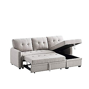 INFINI FURNISHINGS 84" Wide Sectional Sofa with Pull Out Sleeper Bed, Reversible Storage Chaise Lounge, Modern Tufted Line Design Sofabed, Light Gray