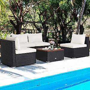 Tangkula 5 Piece Outdoor Patio Furniture Set, Patiojoy PE Wicker Conversation Set with Solid Acacia Wood Tabletop and Soft Cushions, Patio Sectional Sofa Furniture Set for Garden, Poolside (Off White)