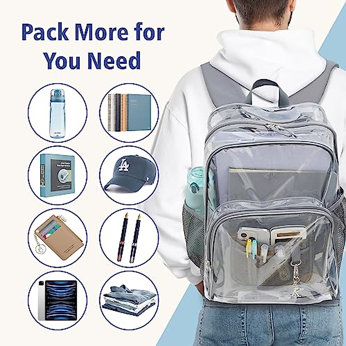 F-color Clear Backpack Heavy Duty - Large Clear Backpacks for School PVC Transparent Clear Bookbag for Work, Security, Stadium, Travel, Women, Men, Grey