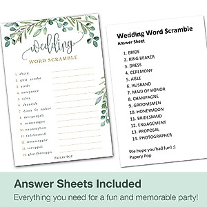 Papery Pop Bridal Shower Games - Wedding Shower Games - 4 Games for 25 Guests - Double Sided Cards - Eucalyptus