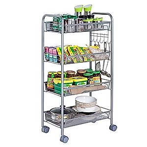 4-Storey Wheeled Office Storage Rack, Kitchen Storage Rack, Bathroom Storage, Suitable for Placing Items in Garage, Kitchen, Food Storage Room and Living Room