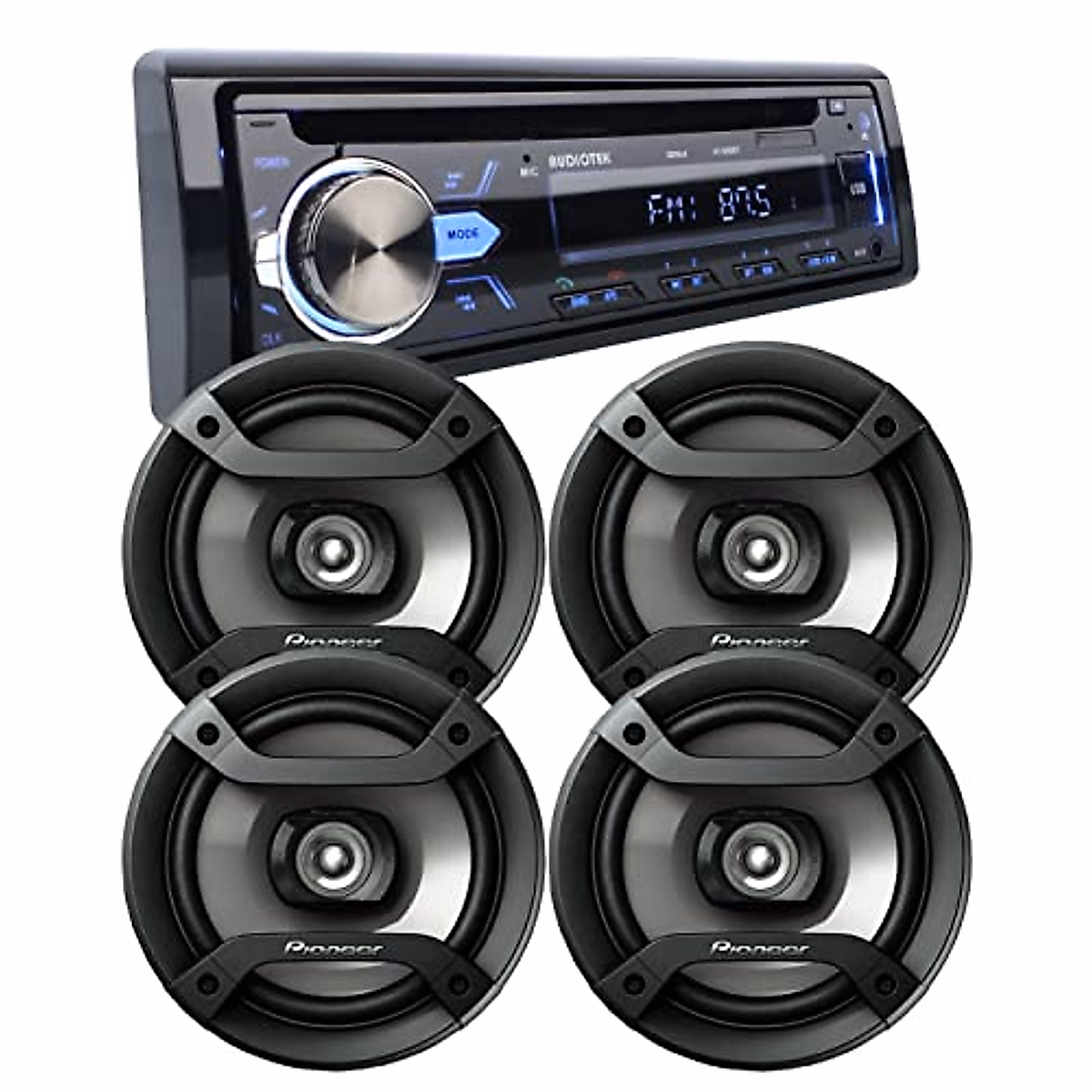 Package 2 Pairs of Pioneer TS-F1634R 6.5" Peak 200W 2-Way Speakers + Audiotek AT-980BT AM/FM/MP3 Playable w/ Bluetooth/USB/AUX/SD/CD Car Stereo Receiver
