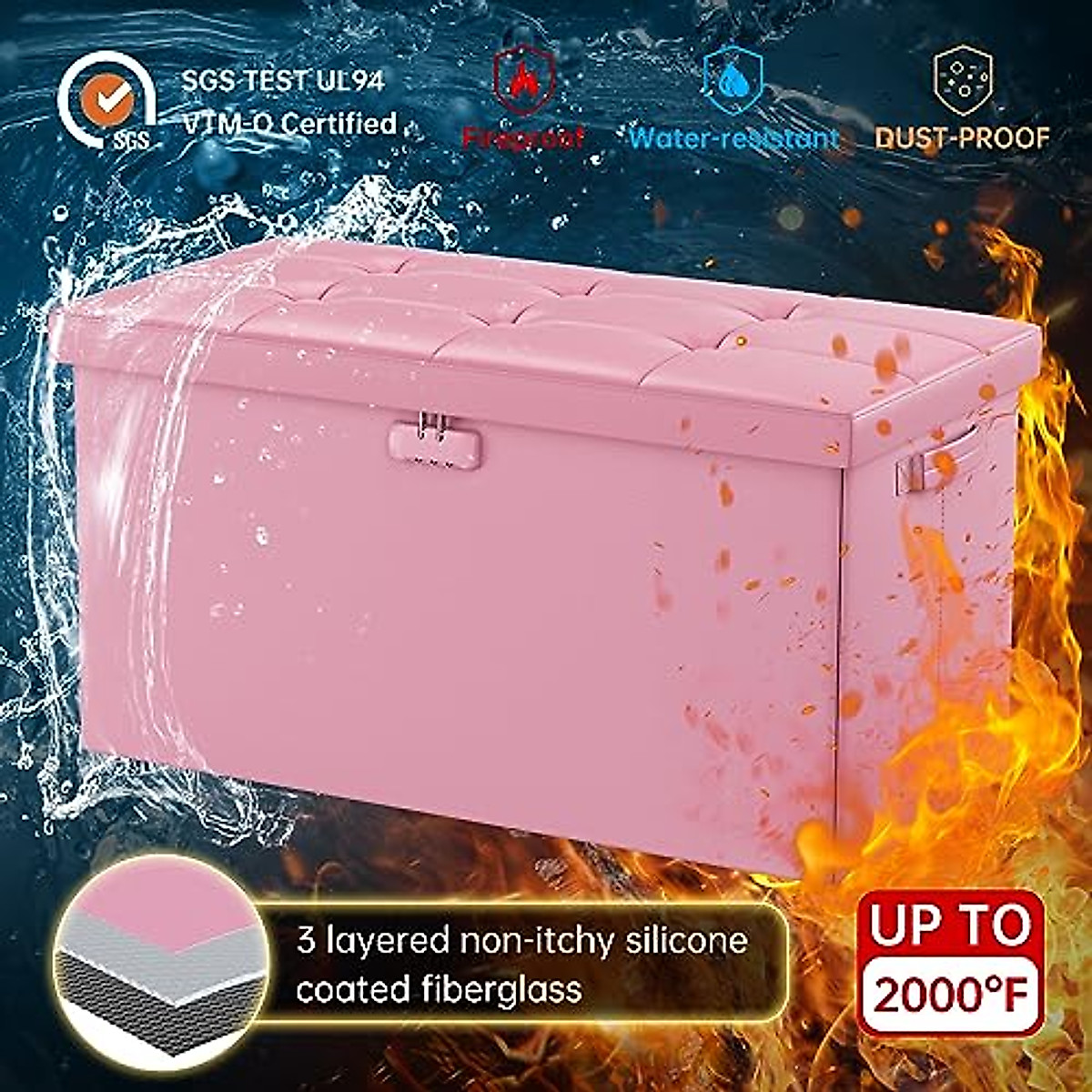 ENGPOW Storage Ottoman Bench,Fireproof Folding Storage Bench with Lock,30 Inches Fire＆Water Resistant Storage Chest Foot Rest Stool Leather Bedroom Bench with Storage Safe for Document,Valuables,Pink