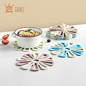 Silicone Trivet Mat 6 PCS with Storage Base, GUANCI Hot Pot Holder Hot Pads for Table & Countertop Set Non-Slip & Heat Resistant Modern Kitchen Hot Pads for Pots & Pans(Pink, Blue and Green)