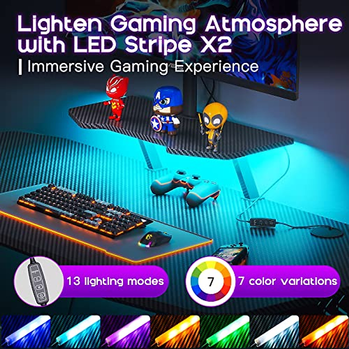 MOTPK Gaming Desk with LED Lights, Small Gaming Table Desk 39 inch Z Shaped, Gamer Desk Ergonomic Sturdy, Kids Computer Desk with Monitor Stand Cup Holder and Headphone Hook, Black, Gift Idea