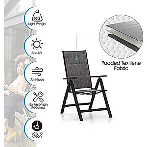 PHI VILLA Outdoor Folding Patio Dining Chairs Set of 4, Adjustable Padded Portable Reclining Patio Chairs Aluminum for Garden,Yard and Deck, Dark Grey