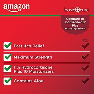 Amazon Basic Care Maximum Strength Hydrocortisone 1 Percent Anti-Itch Cream Plus 10 Moisturizers, 2 ounce (Pack of 1)