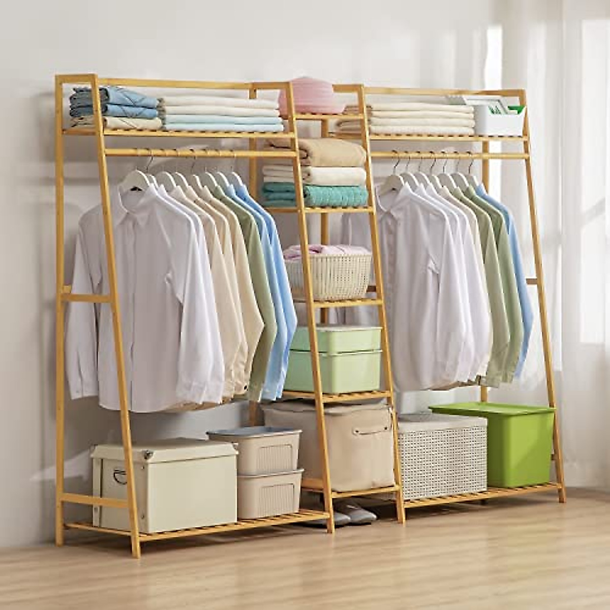 MoNiBloom Bamboo Coat Rack with 5-Tier Storage Shelves Trapezoid Freestanding Garment Rack Clothes Hanging Rack Stand for Bedroom Living Room, Natural