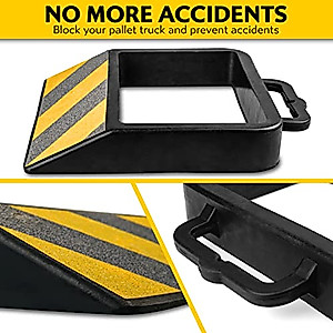 IDSWorld Jack Pallet Truck Stop Wheel Chock Heavy Duty Rubber Stopper for Safe Warehouse Moving Cargo Delivery Trucks Anti-Skid Warning Tape with Rachet 10.5ft Tiedowns Strap