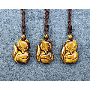 Jovivi Healing Crystal Necklace Natural Tiger Eye Stone Fox Lucky Charm Amulet Bead Pendant Necklace Gemstone Jewelry Adjustable Rope