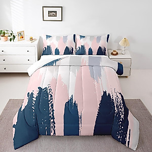 Feelyou Pink Navy Blue Graffiti Comforter Set for Girls Boys Abstract Geometric Comforter Modern Abstract Art Painting Bedding Set Artistic Smear Duvet Set Full Size Quilt Set 3Pcs