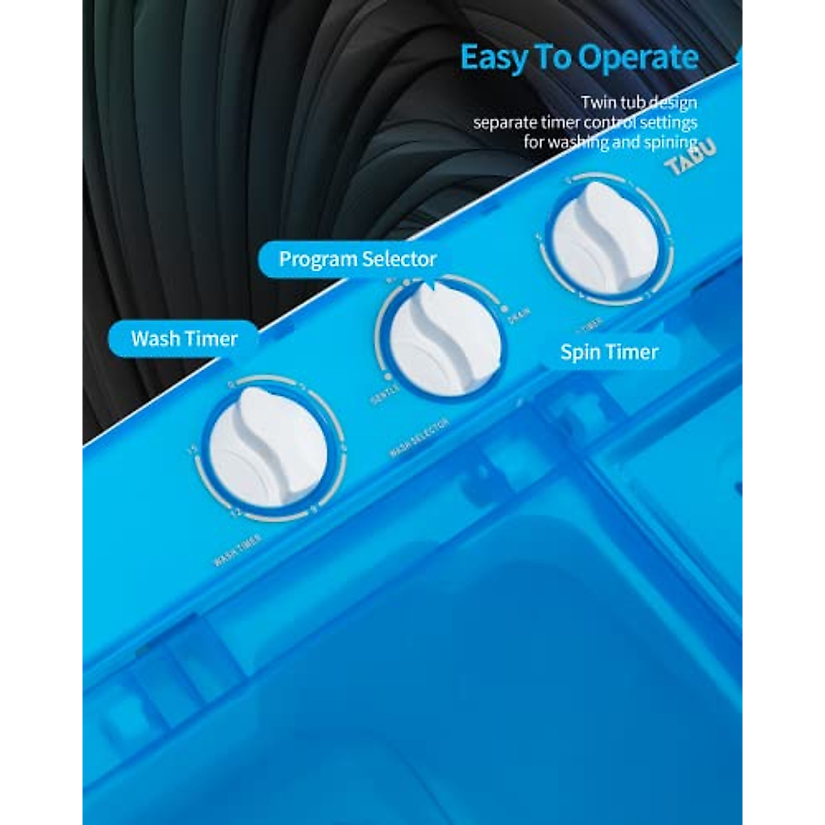 TABU 16.5Ibs Portable Washing Machine, Compact Washer Machine, Mini Washing Machine, Twin Tub Washer and Spiner, Ideal for Dorms, Apartments, RVs, Camping etc (White & Blue)