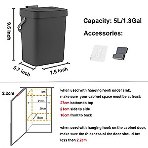 LALASTAR Compost Bin with Lid, Hanging Small Trash Can with Lid Under Sink for Kitchen, Food Waste Bin for Countertop, Mountable Garbage Can for Bathroom, RV, 5L/1.3 Gal, Black