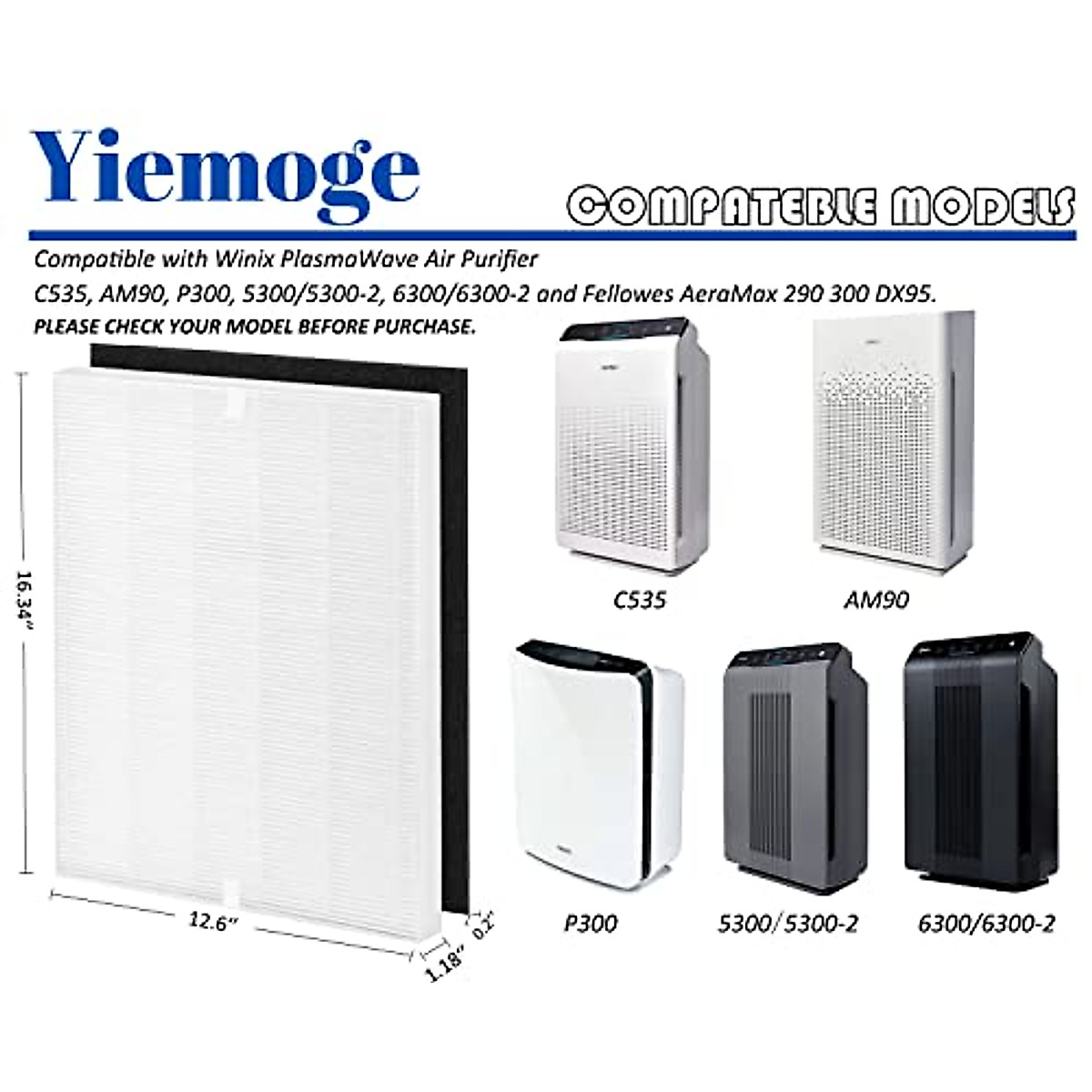 Yiemoge 115115 Replacement filter A: Compatible with winix Plasmawave C535 5300 5300-2 6300 6300-2 AM90 P300 Air Purifier - 2 TURE HPEA filter + 8 Pre-Filters
