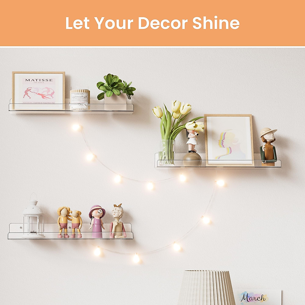 upsimples Clear Acrylic Shelves for Wall Storage, 15" Acrylic Floating Shelves Wall Mounted, Kids Bookshelf, Display Ledge Wall Shelves for Bedroom, Living Room, Bathroom, Kitchen, Set of 4