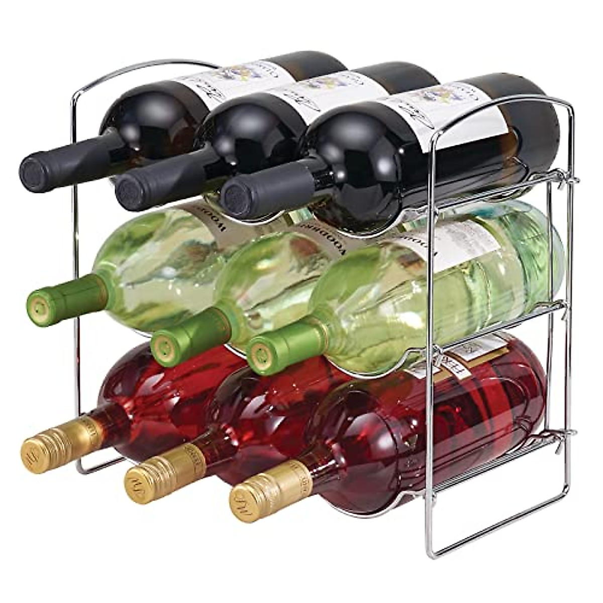 mDesign Metal Wire Free-Standing Water Bottle Rack - Storage Organizer for Kitchen Countertops, Pantry, Fridge - 3 Levels, Holds 9 Bottles - 2 Pack - Chrome