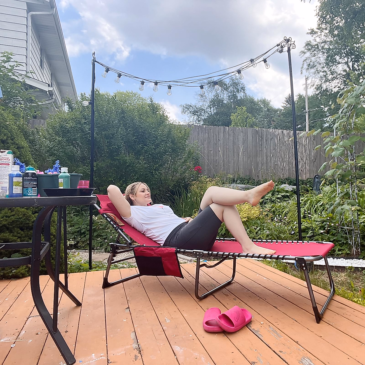 KingCamp Folding Outdoor Chaise Lounge Chair, 5-Position Adjustable for Beach, Sunbathing, Patio, Pool, Lawn, Lay Flat Portable Heavy-Duty Camping Reclining Chair with Shoulder Strap Side Pocket, Wine