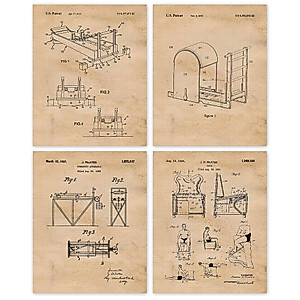 Vintage Pilates Machines Patent Prints, 4 (8x10) Unframed Photos, Wall Art Decor Gifts for Home Office Gears Garage Studio Shop School Gym College Student Teacher Coach Health Training Instructor Fans