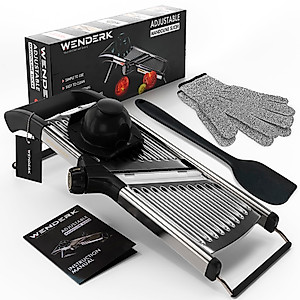 WENDERK Adjustable Stainless Steel Mandoline Food Slicer with Cut Resistant Gloves [Upgraded] - Professional Handheld Kitchen Mandolin Julienne Cutter to Slice Vegetables Fruits Chips French Fry