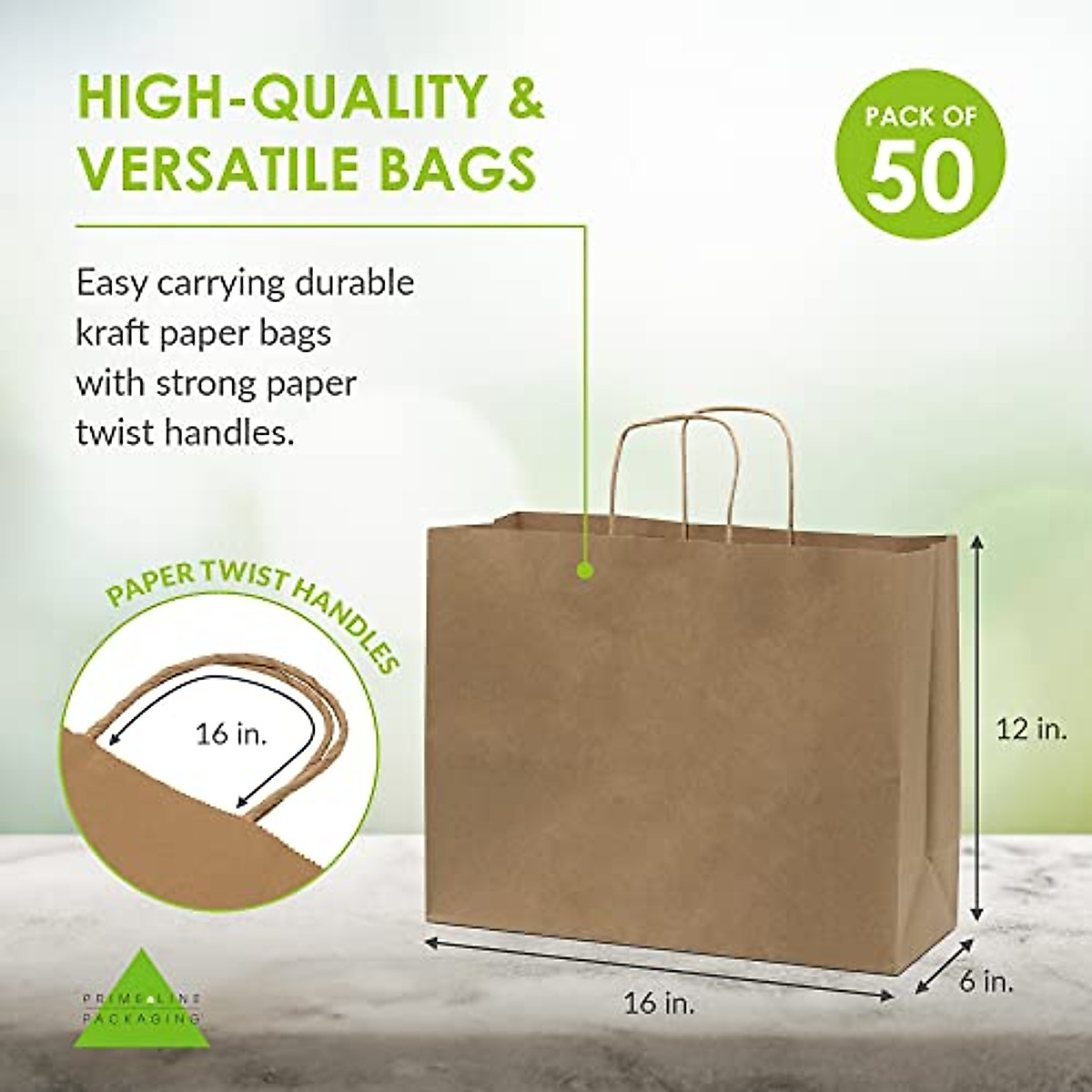 Prime Line Packaging - 16x6x12 Inch 50 Pack Brown Paper Bags with Handles, Large Gift Bags, Kraft Shopping Bags in Bulk for Boutiques, Small Business, Retail Stores, Gifts & Merchandise