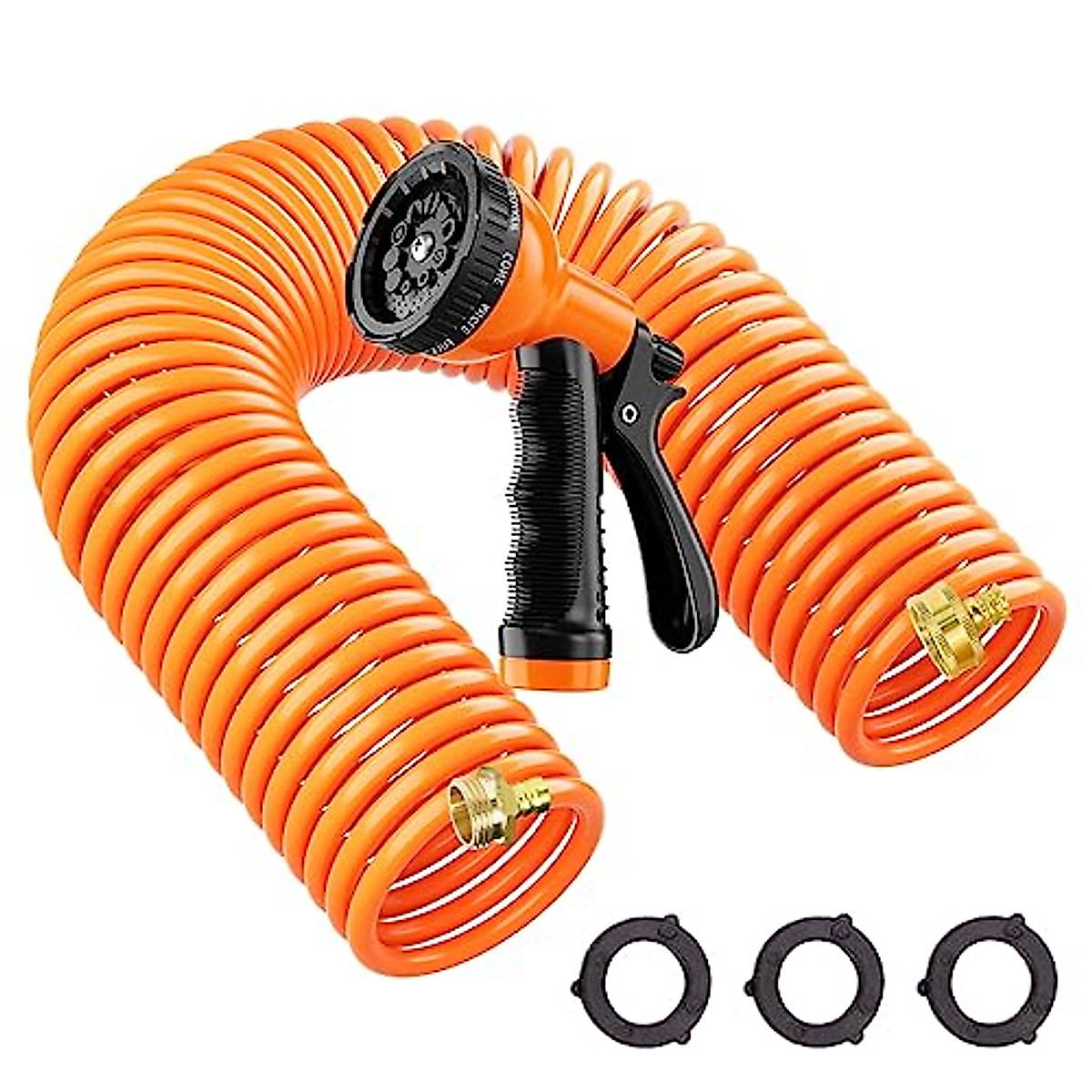 Besiter Coil Hose 25ft,EVA Recoil Garden Hose Brass Connector,Coiled Water Hose Lightweight and No Kink Includes 10 Patterns Spray Nozzle for Outdoors Lawn Watering,Car Washing Orange
