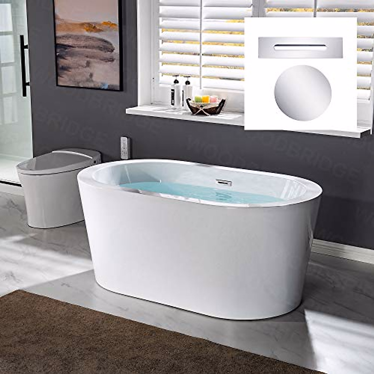 WOODBRIDGE 56" Acrylic Freestanding Bathtub Contemporary Soaking White Tub with Chrome Overflow and Drain，B0088--C--Drain&O