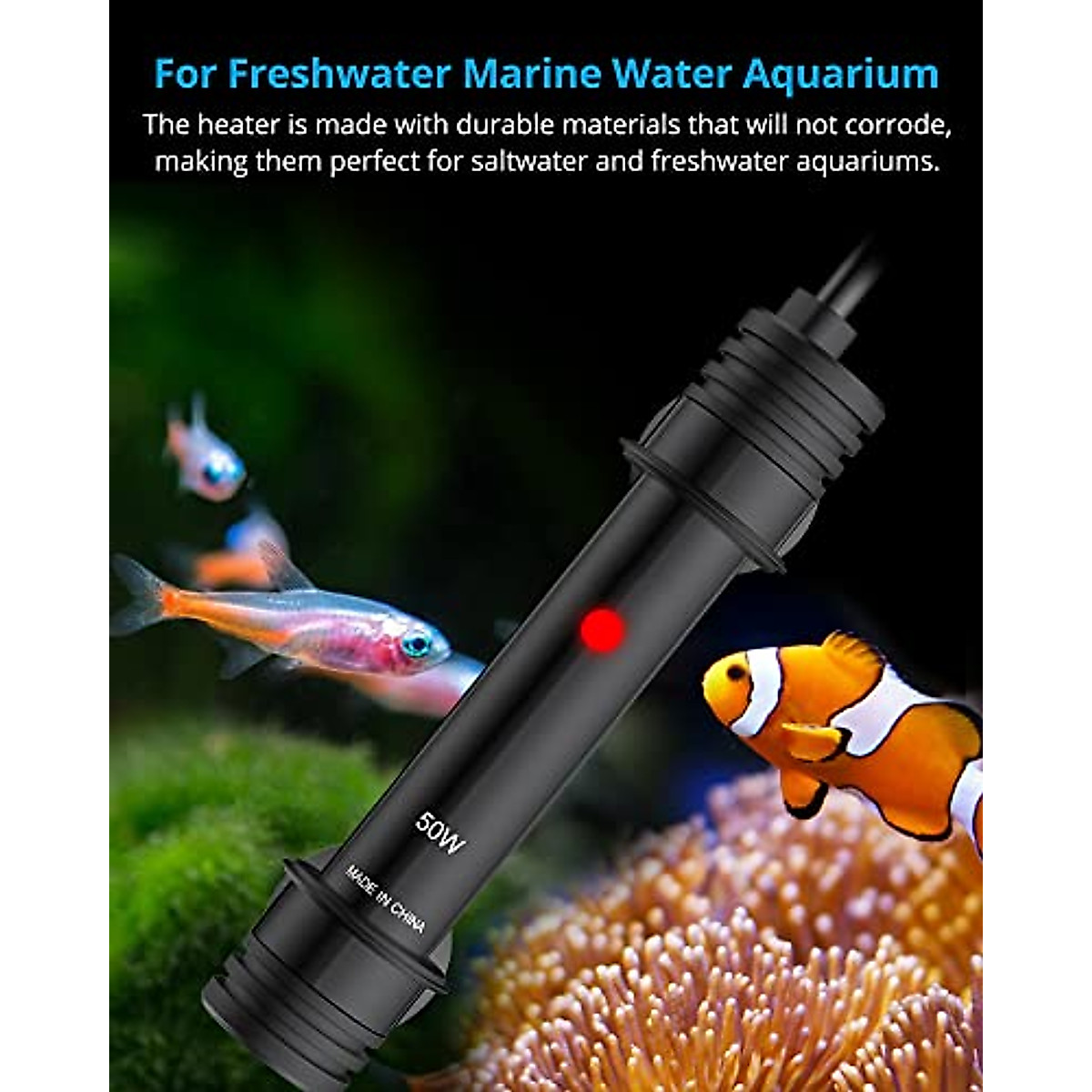 NICREW Aquarium Heater, Temperature Adjustable Fish Tank Heater with Wired Controller, Submersible Thermostat for Saltwater and Freshwater, Suitable for 5-10 Gallon Tanks, 50W