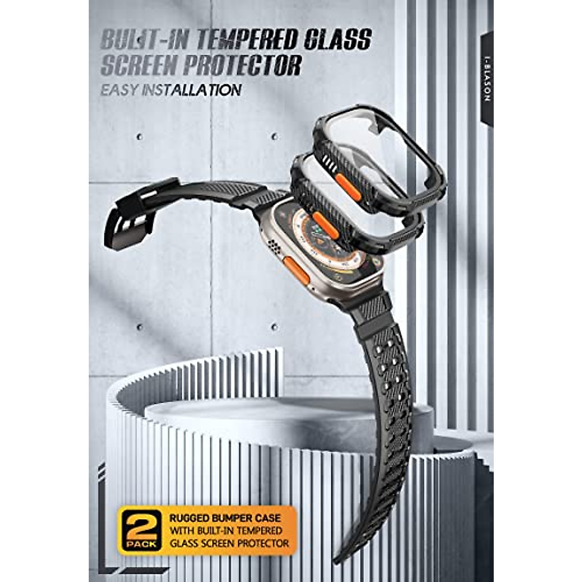 i-Blason Armorbox Compatible with Apple Watch Band [49mm] for Apple Watch Ultra, Rugged Durable TPU Watch Band with 2-Pack Bumper Cases [Built-in Tempered Glass Screen Protector], (Black)