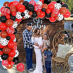 Western Cowboy Baby Shower Decorations for Boy, Red and Black Balloon Garland Arch Kit, A Little Cowboy Is on The Way Backdrop for Wild West Baby Shower Decorations
