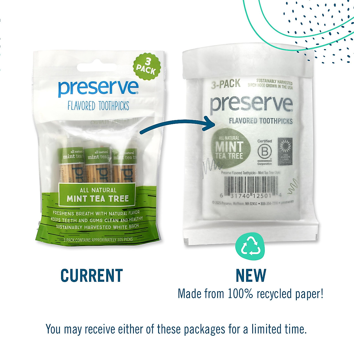 Preserve Flavored Toothpicks, Mint Tea Tree flavor, Wood, 3 Count x (35 each)