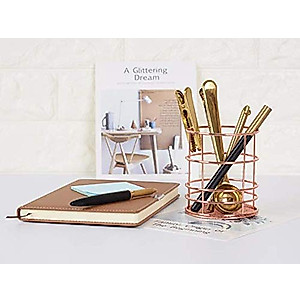 Rose Gold Pencil Holder Wire Metal Desktop Pen Cup Pot Decorative Round Marker Pens Container Basket Multi-Functional Desk Stationery Storage Box Home Office School Supplies