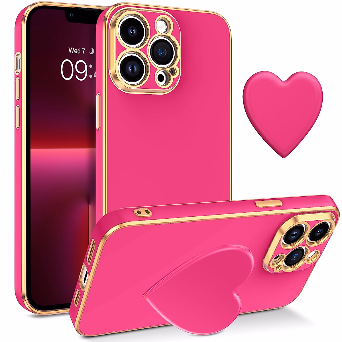 Telaso iPhone 13 Pro Max Case, iPhone 13 Pro Max Phone Case with Separate Love Heart Shape Kickstand Holder Soft TPU Plating Bumper Protective iPhone 13 Pro Max Phone Case for Girls Women, Hot Pink