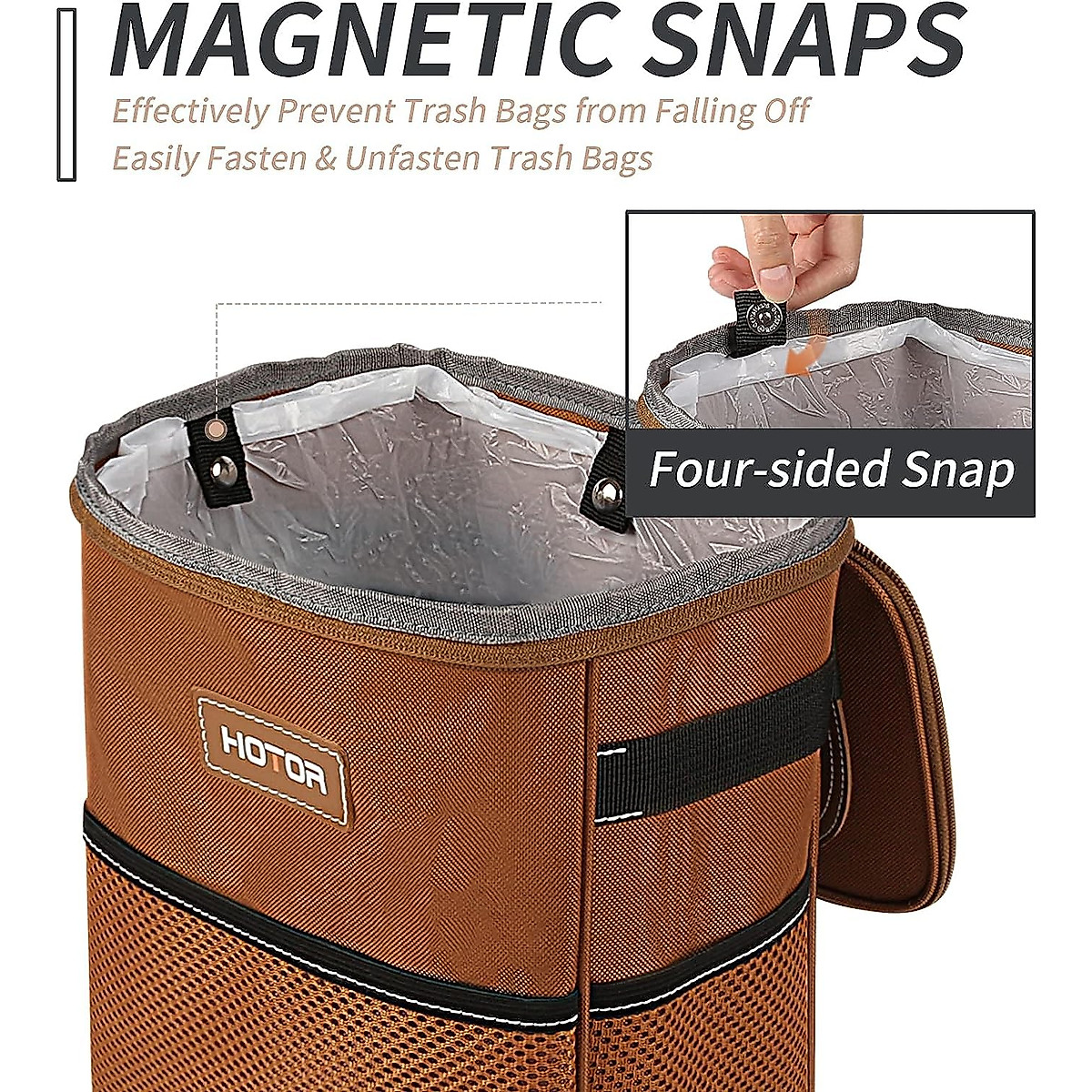 HOTOR Brown Car Trash Can with Adjustable Strap, Magnetic Snaps, Waterproof Lining, and Storage Pocket