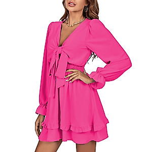 LYANER Women's Tie Front Plunge V Neck Ruffle Layer Long Sleeve Sexy Mini Dress Rose X-Large