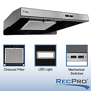 RecPro RV Stove Range Hood Vent | 22" Stainless | Low Profile | 12V | Charcoal Filter