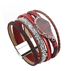COOLLA Braided Wrap Bracelet Agate Stone Crystal Leather Cuff Bangle Women Bracelet (Red leather bracelet)