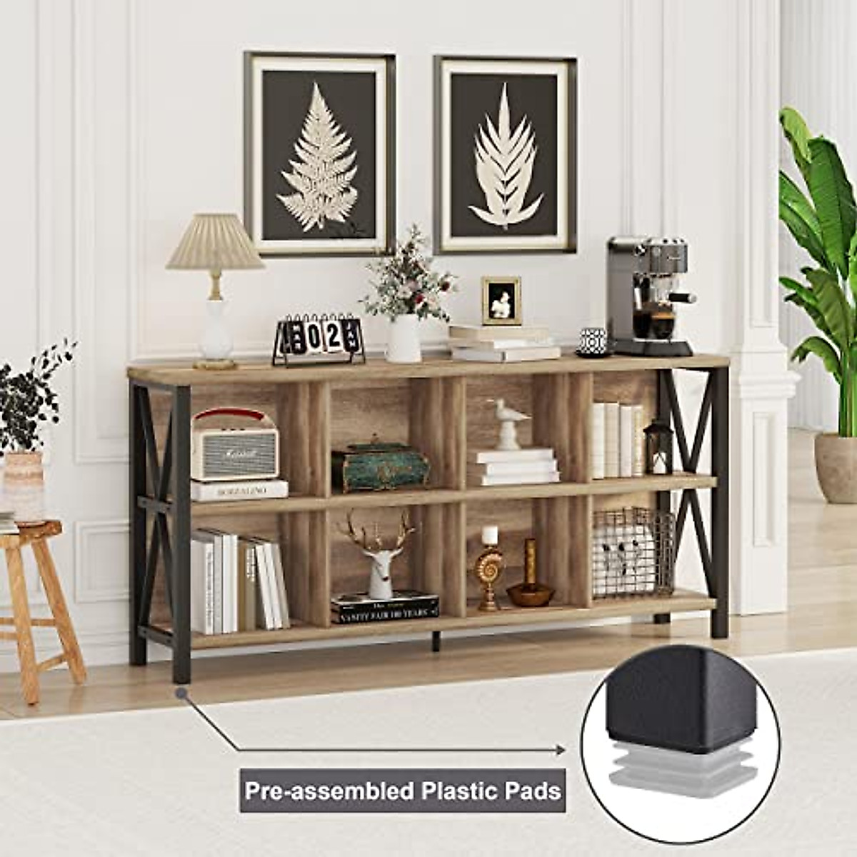 FATORRI 8 Cube Storage Organizer Bookshelf, Rustic Wood Cubby Bookcase, Industrial Horizontal Long Shelf for Living Room (Rustic Oak, 62 Inch)