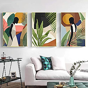 Abstract African American Wall Art Canvas Painting Black Woman and Green Plant Wall Art Pictures Set of 3 Nordic Wall Art Posters and Prints Pictures Wall for Living Room Decoration Unframed