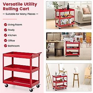 Goplus 3-Tier Utility Cart, Heavy Duty Commercial Service Tool Cart w/Lockable Wheels, 330lbs Load Capacity, Ergonomic Handle, Rolling Mechanic Tool Cart Storage Organizer for Warehouse Garage